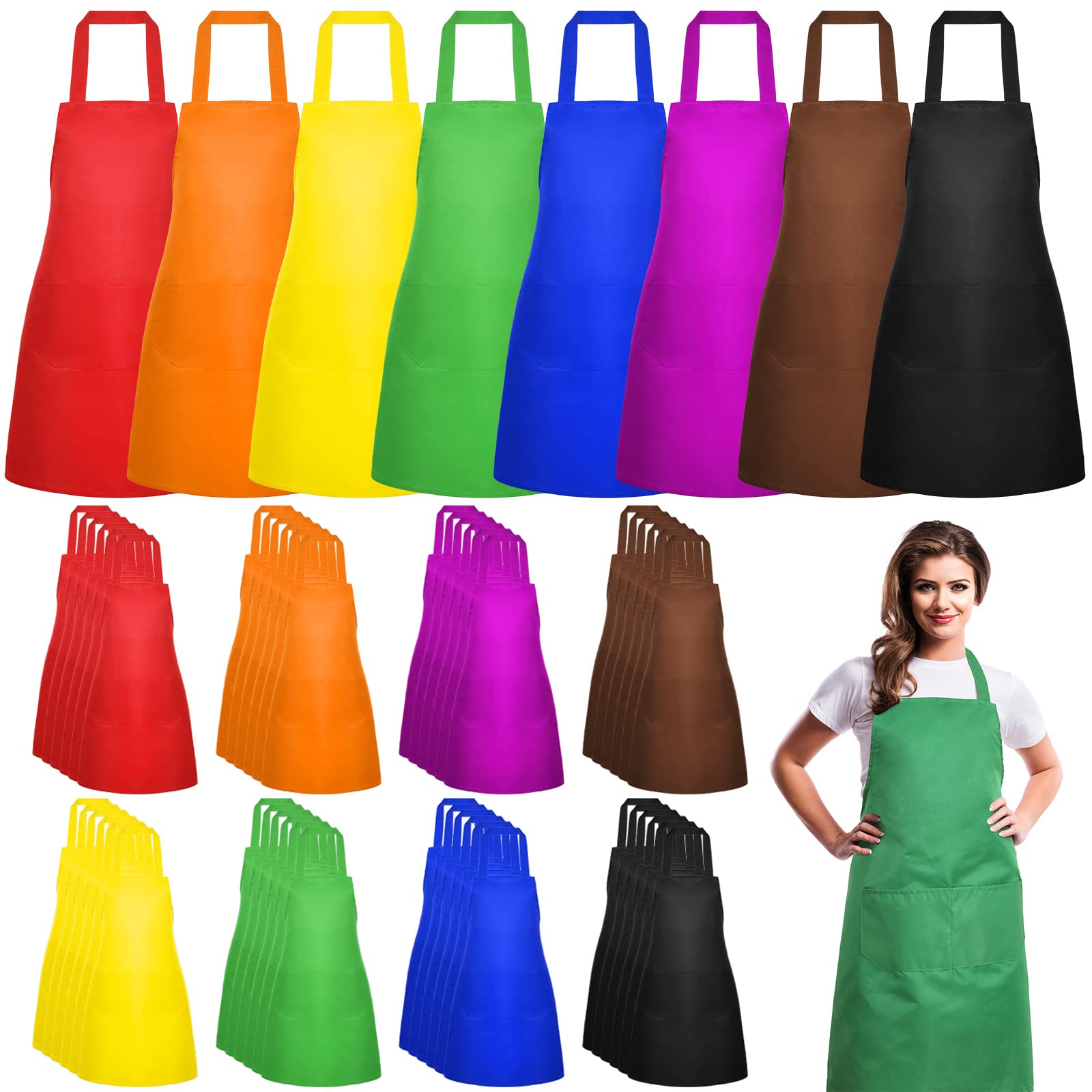 Meanplan 48 Pieces Bib Aprons Adult Women Girls Aprons Plain Color Bib Aprons Chef Aprons with 2 Pockets Washable for Cooking Baking Kitchen Crafting BBQ Drawing