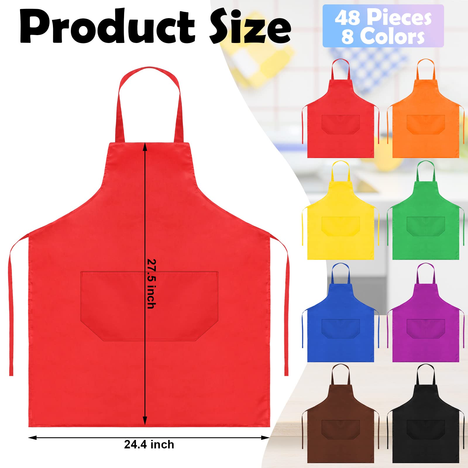 Meanplan 48 Pieces Bib Aprons Adult Women Girls Aprons Plain Color Bib Aprons Chef Aprons with 2 Pockets Washable for Cooking Baking Kitchen Crafting BBQ Drawing