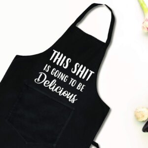 This is Going to be Delicious Apron Funny Apron with Pockets Gift for Men Women | Christmas / Thanksgiving Gift BBQ Grill Cooking Gift for Husband / Dad | Chef Kitchen Black Apron with pockets