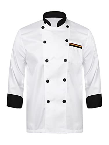 TiaoBug Men's Short Sleeve Chef Coat Jacket Restaurant Chef Uniform Breathable Tops with Pocket White B Large