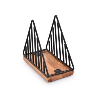 edhas iron triangle design black napkin holder with mango wood base for tables, countertop, kitchen & dining room décor (6" x 3" x 5.5")