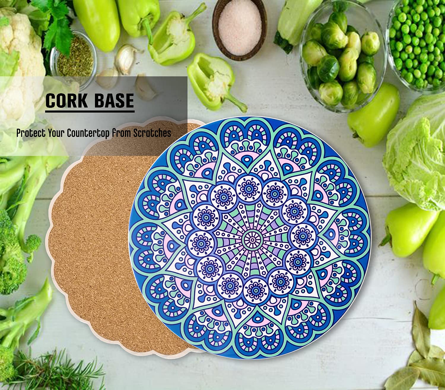 Ceramic Trivet for Hot Pots and Pans, Large Heat Resistant Mats with Cork Base, Trivets for Hot Dishes, Extra Thick, Round 7.9 Inch, Set of 2