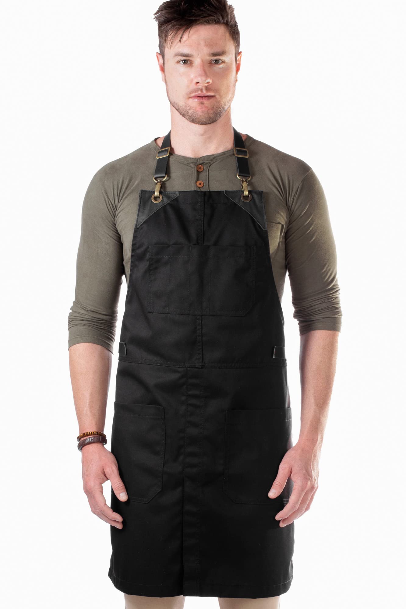 Under NY Sky No-Tie Black Apron with Full Grain Leather Straps – Durable Twill, Split-Leg, Adjustable for Men and Women – Pro Chef, Pastry, Tattoo Artist, Barista, Bartender, Stylist, Server Aprons