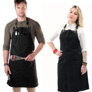 Under NY Sky No-Tie Black Apron with Full Grain Leather Straps – Durable Twill, Split-Leg, Adjustable for Men and Women – Pro Chef, Pastry, Tattoo Artist, Barista, Bartender, Stylist, Server Aprons