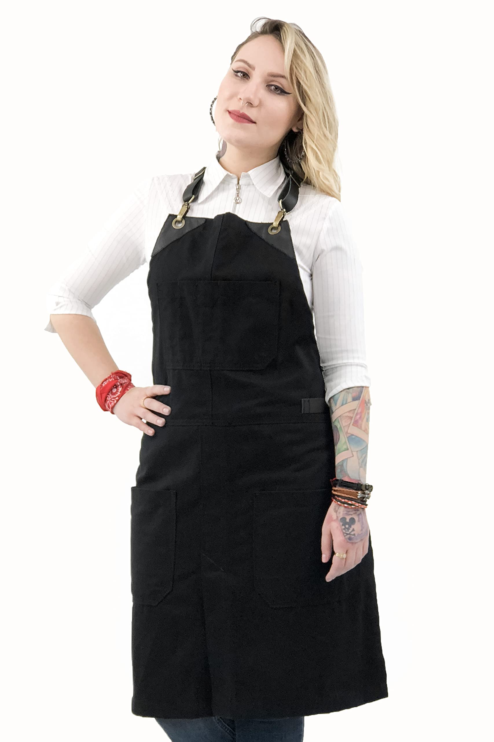 Under NY Sky No-Tie Black Apron with Full Grain Leather Straps – Durable Twill, Split-Leg, Adjustable for Men and Women – Pro Chef, Pastry, Tattoo Artist, Barista, Bartender, Stylist, Server Aprons