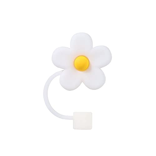 Beyonday Cute Silicone Straw Plug, Reusable Cartoon Pattern Plugs Cover, Drinking Dust Cap, Splash Proof Straw Tips, Cup Straw Accessories (White Flowers)