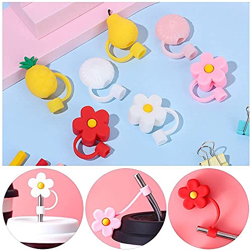 Beyonday Cute Silicone Straw Plug, Reusable Cartoon Pattern Plugs Cover, Drinking Dust Cap, Splash Proof Straw Tips, Cup Straw Accessories (White Flowers)