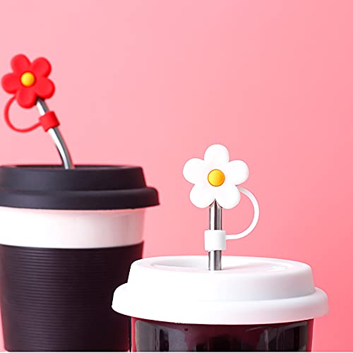 Beyonday Cute Silicone Straw Plug, Reusable Cartoon Pattern Plugs Cover, Drinking Dust Cap, Splash Proof Straw Tips, Cup Straw Accessories (White Flowers)