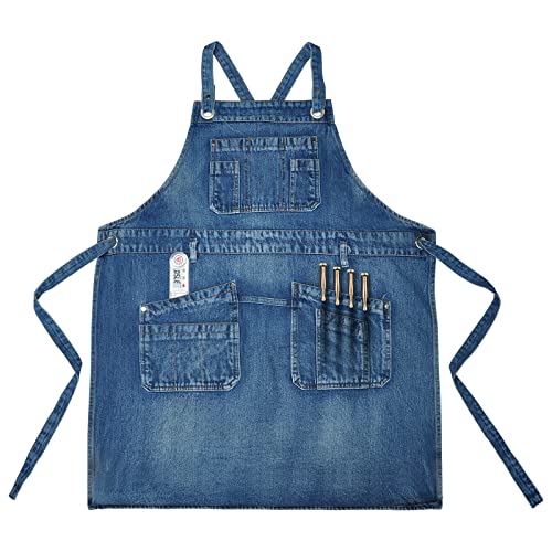 Upguider Denim Apron with Pockets Adjustable Cooking Apron Jean Apron with Multi Pockets for Kitchen Cooking BBQ Gardening (Blue)