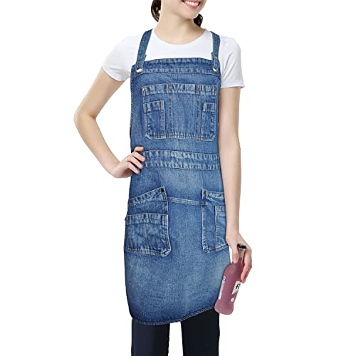 Upguider Denim Apron with Pockets Adjustable Cooking Apron Jean Apron with Multi Pockets for Kitchen Cooking BBQ Gardening (Blue)