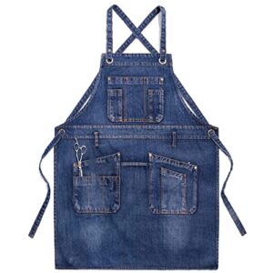 Upguider Denim Apron with Pockets Adjustable Cooking Apron Jean Apron with Multi Pockets for Kitchen Cooking BBQ Gardening (Blue)