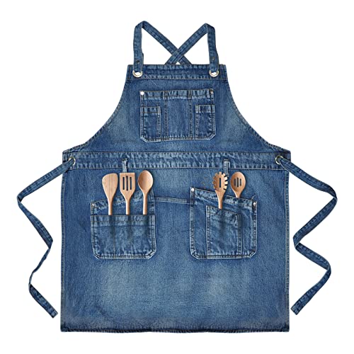 Upguider Denim Apron with Pockets Adjustable Cooking Apron Jean Apron with Multi Pockets for Kitchen Cooking BBQ Gardening (Blue)