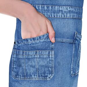 Upguider Denim Apron with Pockets Adjustable Cooking Apron Jean Apron with Multi Pockets for Kitchen Cooking BBQ Gardening (Blue)