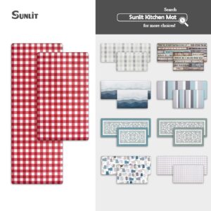 Sunlit Set of 2 Anti Fatigue Kitchen Floor Mat, Non Slip Waterproof Comfort Standing Mat, 0.4 Inch Thick Cushioned Farmhouse Kitchen Rug Runner, White Red Buffalo Check (17"x28"&17"x47")