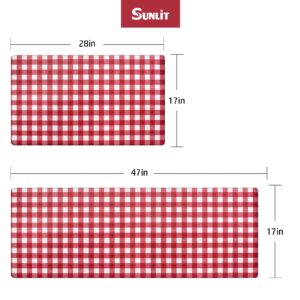 Sunlit Set of 2 Anti Fatigue Kitchen Floor Mat, Non Slip Waterproof Comfort Standing Mat, 0.4 Inch Thick Cushioned Farmhouse Kitchen Rug Runner, White Red Buffalo Check (17"x28"&17"x47")