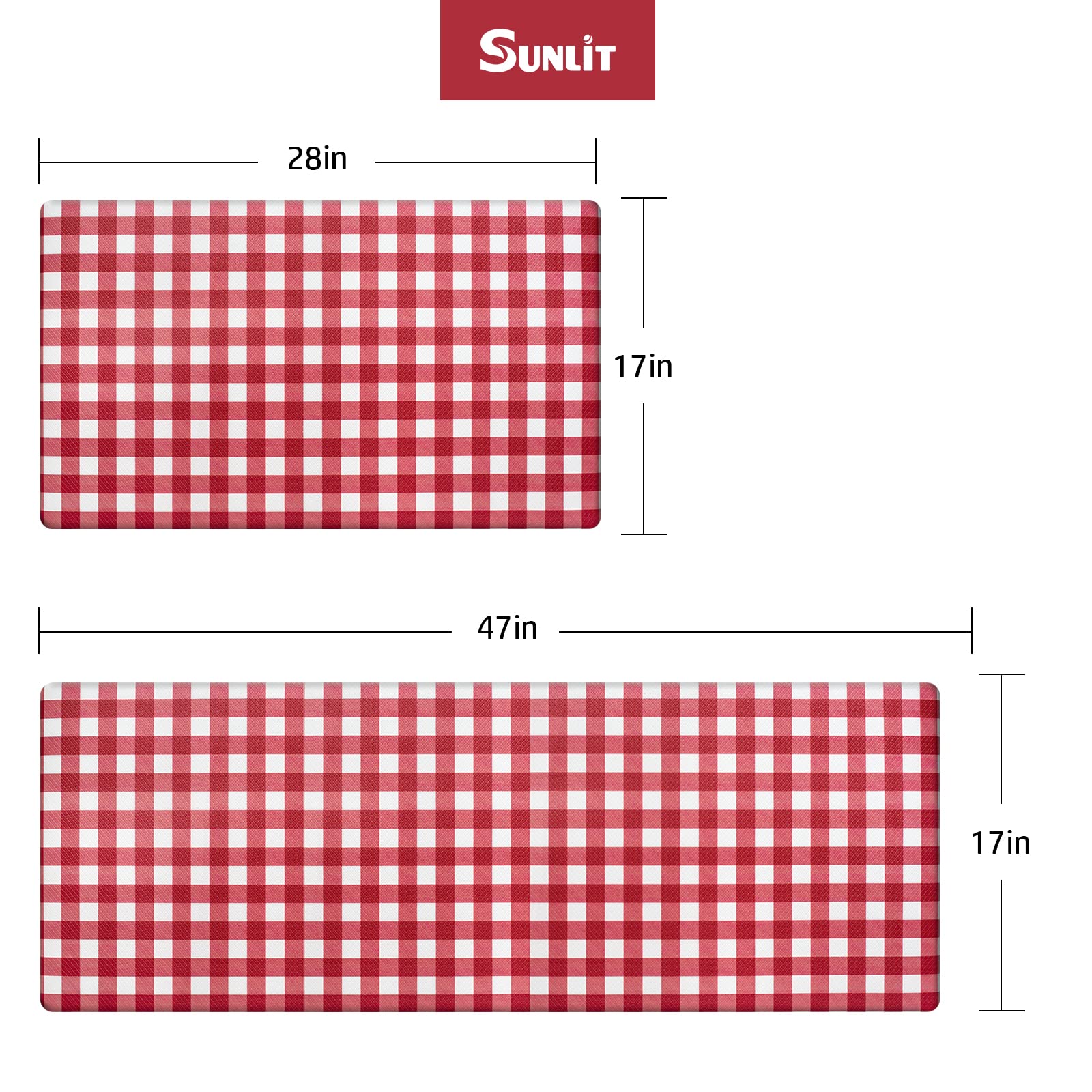 Sunlit Set of 2 Anti Fatigue Kitchen Floor Mat, Non Slip Waterproof Comfort Standing Mat, 0.4 Inch Thick Cushioned Farmhouse Kitchen Rug Runner, White Red Buffalo Check (17"x28"&17"x47")