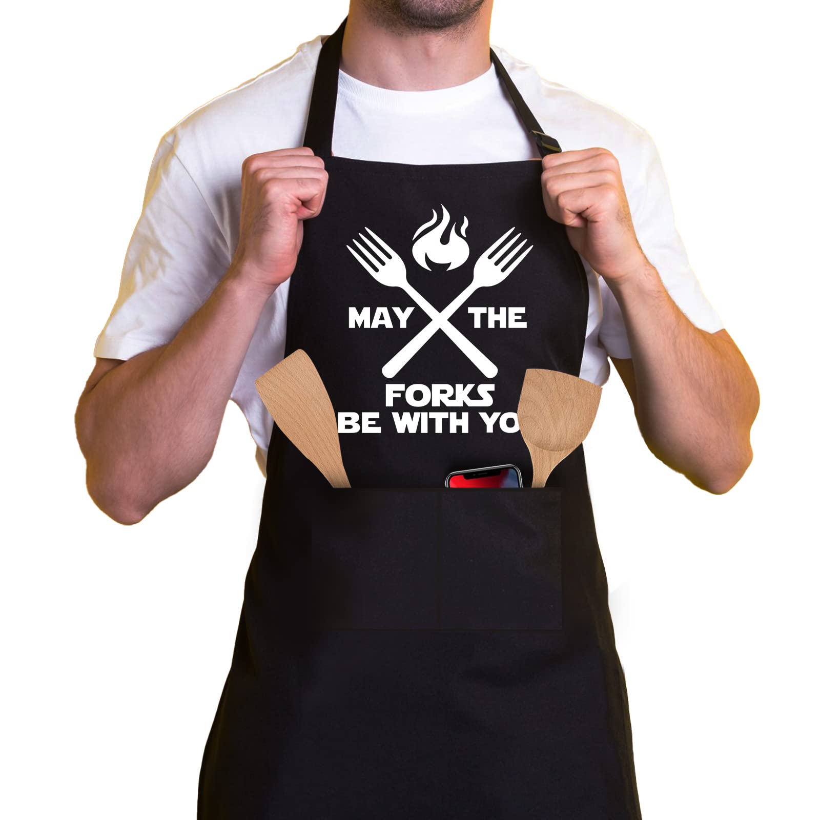 zcyhtqp May The Forks be With You,Funny Apron for Men Women with 2 pockets,One Size Fits All,Adjustable Chef Apron,Cooking Grilling BBQ Apron,BBQ Lover Gift,Gift for Chef, Lovers, Dad,Mom