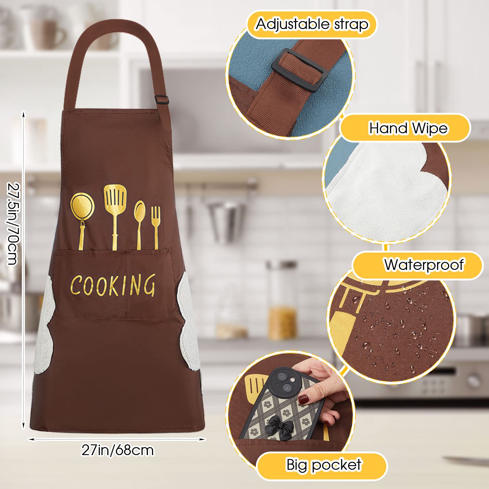 6 Pcs Kitchen Apron for Women with Pockets Cute Aprons with Hand Wipe Waterproof Cooking Aprons Adjustable Soft Apron with Big Pocket for Dishwashing, Cooking Baking