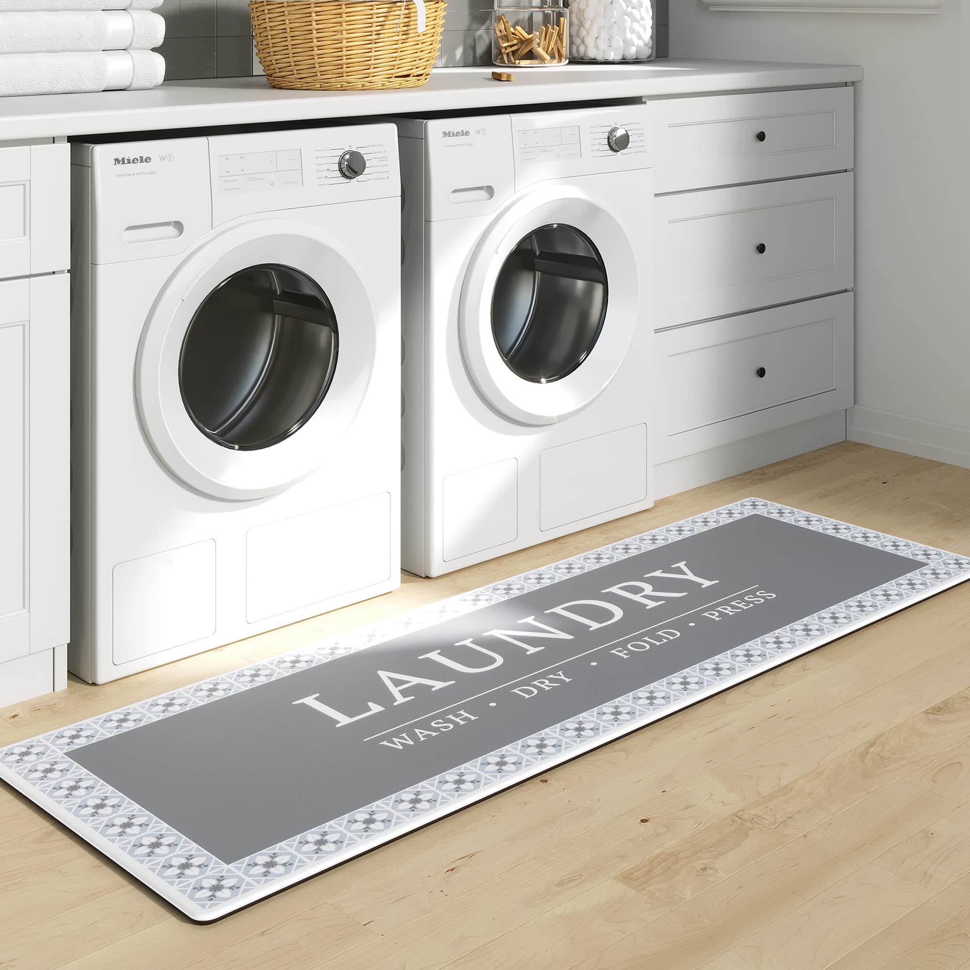 Barnyard Designs Anti-Fatigue Farmhouse Non-Slip Floor Mat, Comfortable Waterproof Cushioned Runner Rug for Laundry Room Standing Pad, 47" x 17", Laundry Print