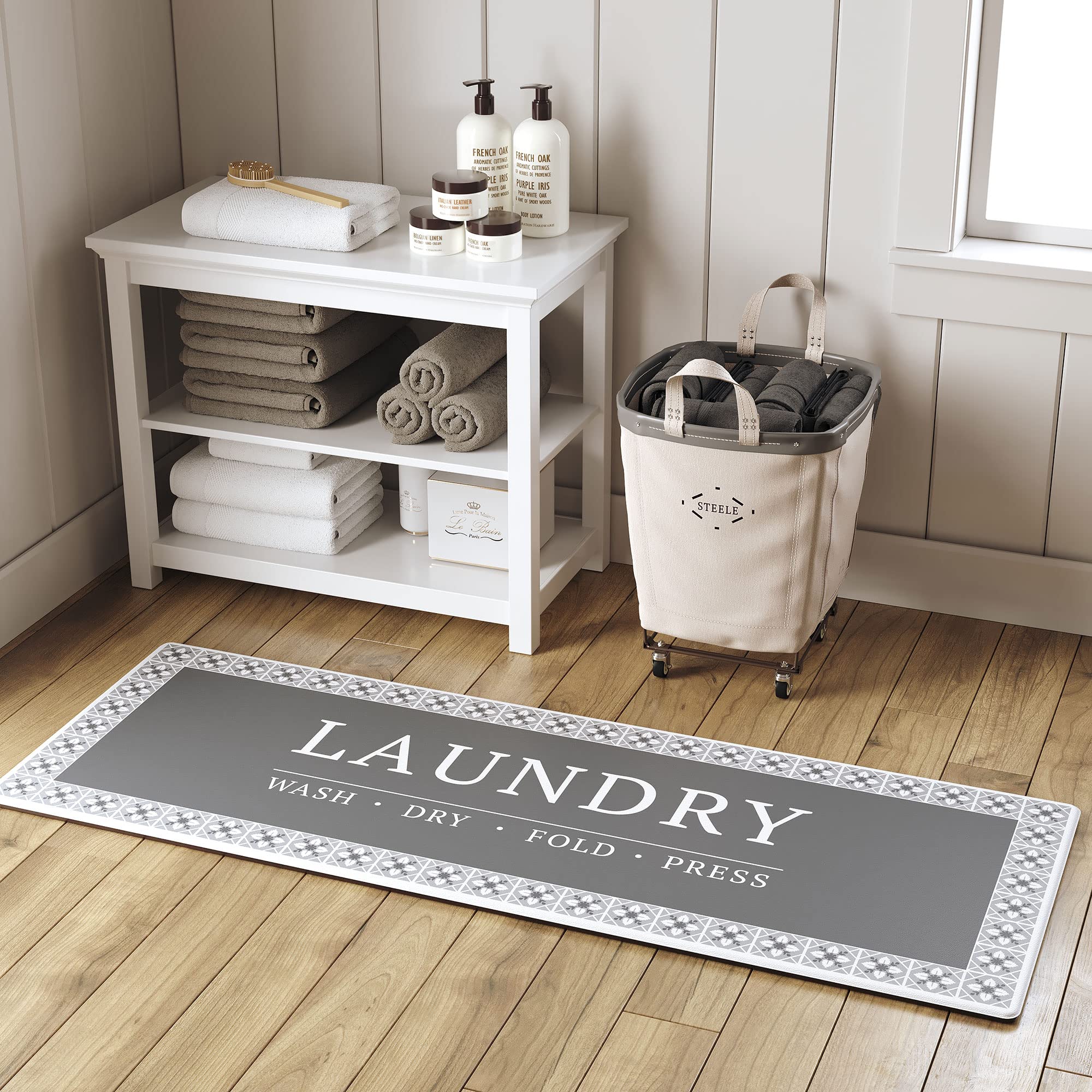 Barnyard Designs Anti-Fatigue Farmhouse Non-Slip Floor Mat, Comfortable Waterproof Cushioned Runner Rug for Laundry Room Standing Pad, 47" x 17", Laundry Print