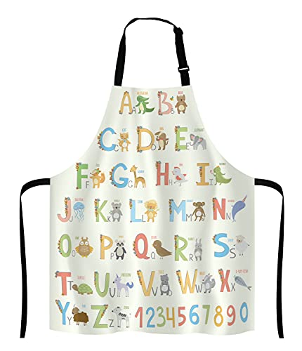 Lefolen Alphabet with Cartoon Animals Bib Apron with Adjustable Neck for Men Women,Suitable for Home Kitchen Cooking Waitress Chef Grill Bistro Baking Apron