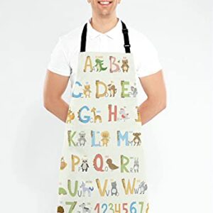 Lefolen Alphabet with Cartoon Animals Bib Apron with Adjustable Neck for Men Women,Suitable for Home Kitchen Cooking Waitress Chef Grill Bistro Baking Apron