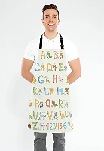 Lefolen Alphabet with Cartoon Animals Bib Apron with Adjustable Neck for Men Women,Suitable for Home Kitchen Cooking Waitress Chef Grill Bistro Baking Apron