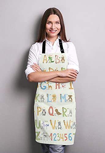 Lefolen Alphabet with Cartoon Animals Bib Apron with Adjustable Neck for Men Women,Suitable for Home Kitchen Cooking Waitress Chef Grill Bistro Baking Apron