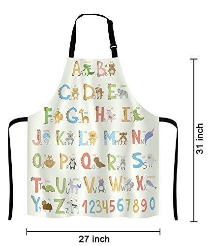 Lefolen Alphabet with Cartoon Animals Bib Apron with Adjustable Neck for Men Women,Suitable for Home Kitchen Cooking Waitress Chef Grill Bistro Baking Apron