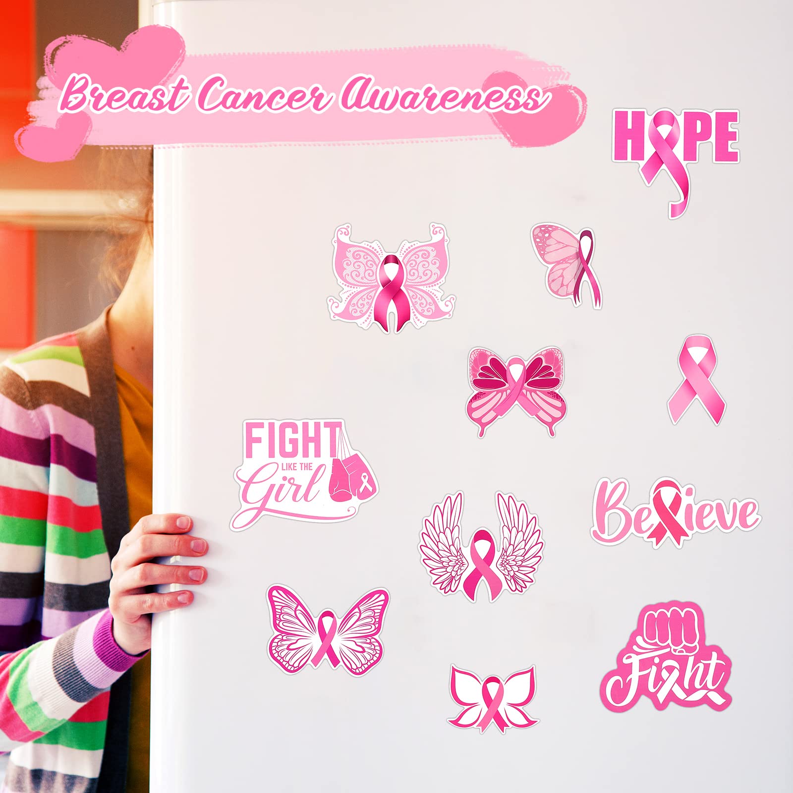 12 Pcs Pink Ribbon Shaped Awareness Car Magnet Breast Cancer Awareness Fight Magnets Stickers Decal Set Refrigerator Butterfly Ribbon Hope Magnets for Garage Door Refrigerator Car Decor