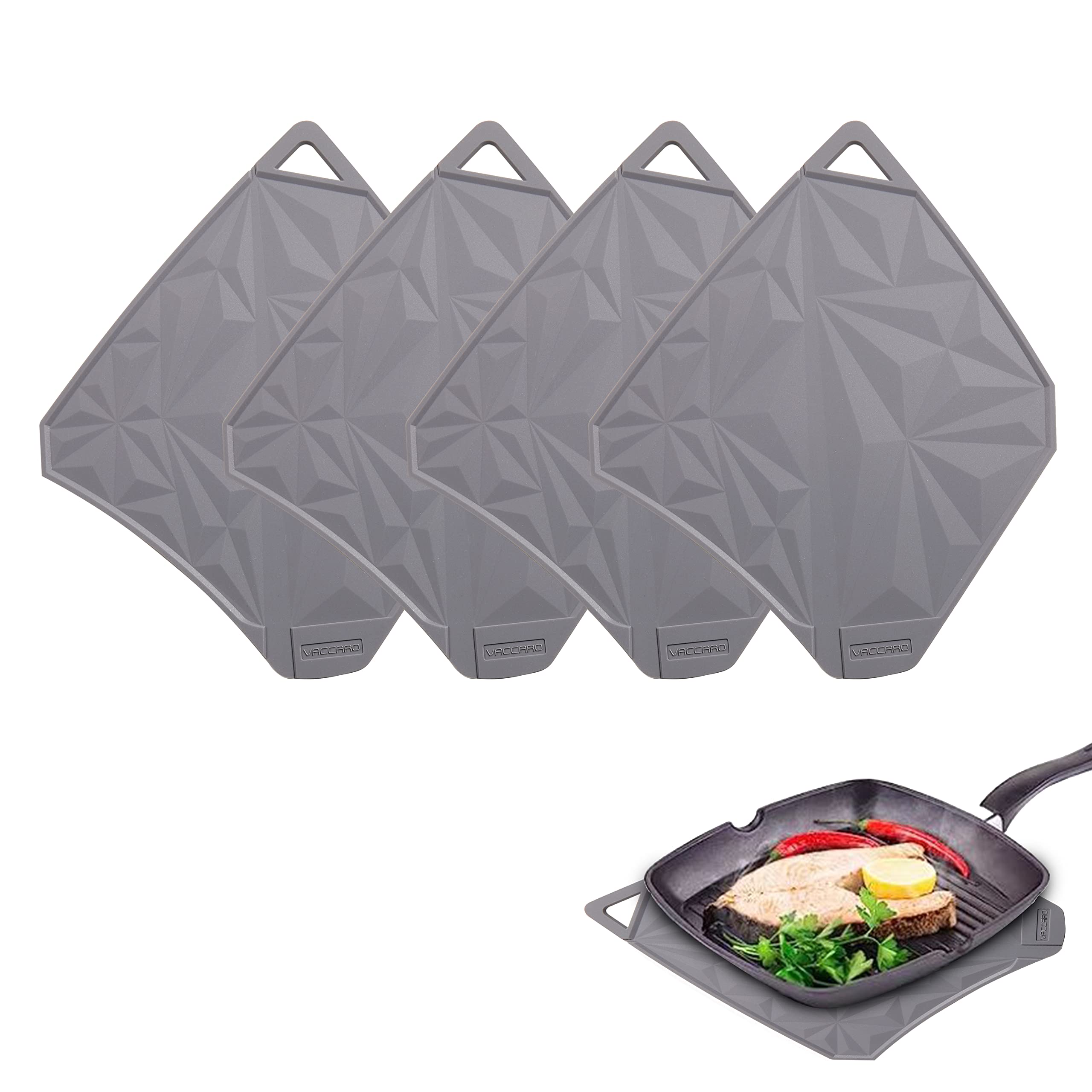 VACCARO 4 Pcs Kitchen Trivets Set Multi-use Hot Dishes, Pot Holders, Drying, Baking, Place Mat, Dishwasher Safe, Silicone Trivets Pad for Hot Pot Pans, Heat Resistant to 500℉, Grey