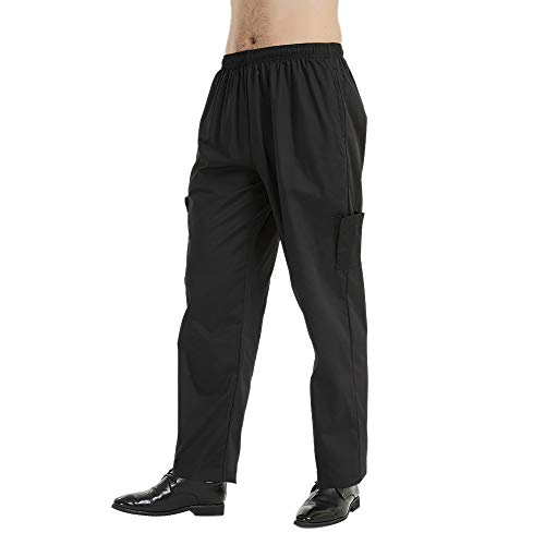 TopTie Men's Black Baggy Chef Pant with Elastic Waist, Lightweight