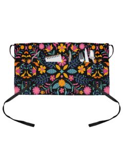 decorlovee mexican colorful floral waitress apron with 3 pockets, mexico ethnic classic black abstract art server aprons waterproof kitchen restaurant half waist apron for men women