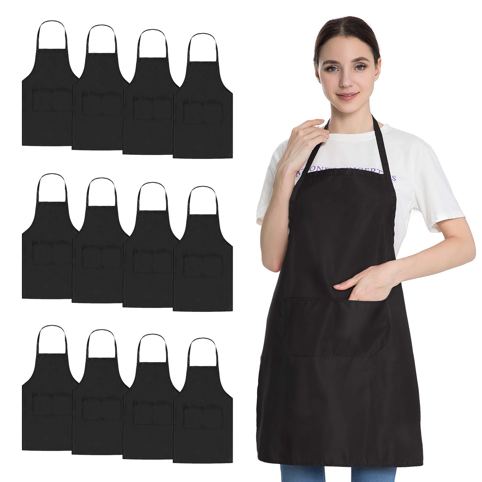 Hi loyaya Bib Black Apron for Women Men Adult Chef, 12 Pack Kitchen Aprons Bulk with Pockets for Cooking Baking Painting (12, Black)