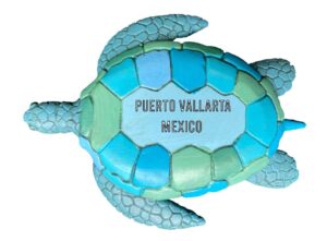 puerto vallarta mexico souvenir hand painted resin refrigerator magnet sunset and green turtle design 3-inch approximately