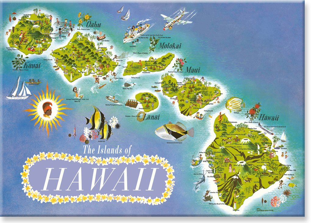 Hawaiian Art Collectible Refrigerator Magnet - The Islands of Hawaii by Dessiaume