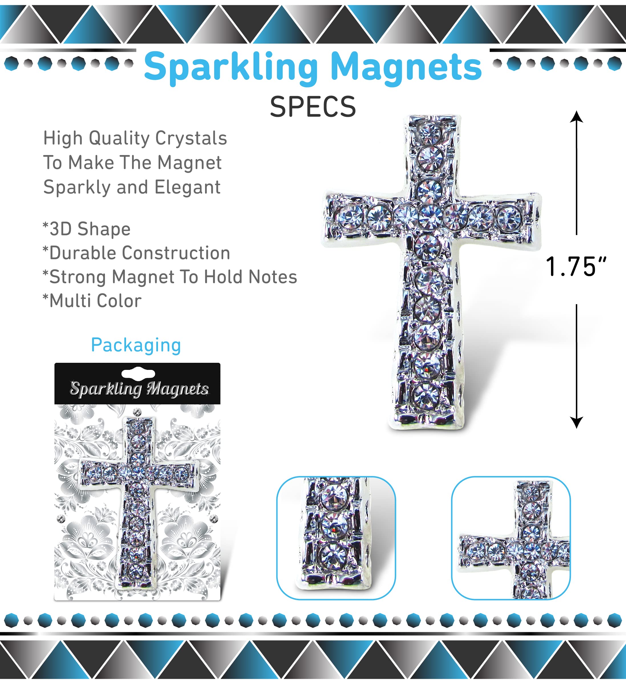 COTA Global Cross Sparkling Refrigerator Magnet - Silver Sparkling Rhinestones Crystals, Cute Religious & Inspirational Magnet for Kitchen Fridge, Locker, Home Decor, Cool Office Novelty - 1.75 Inch