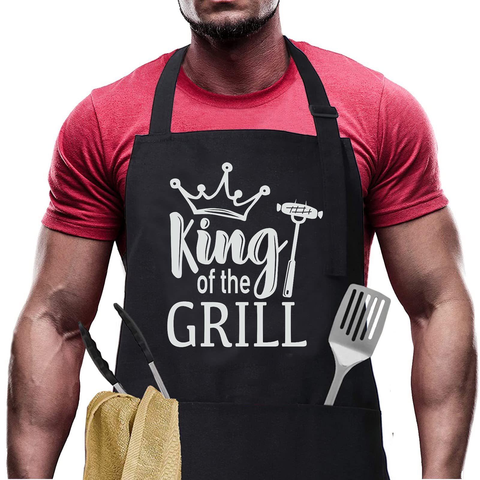 GEMHOPE Funny Aprons for Men King of the Grill BBQ Grilling Aprons with Pockets Cooking Aprons Birthday Father’s Day Husband Dad Gifts (Black)