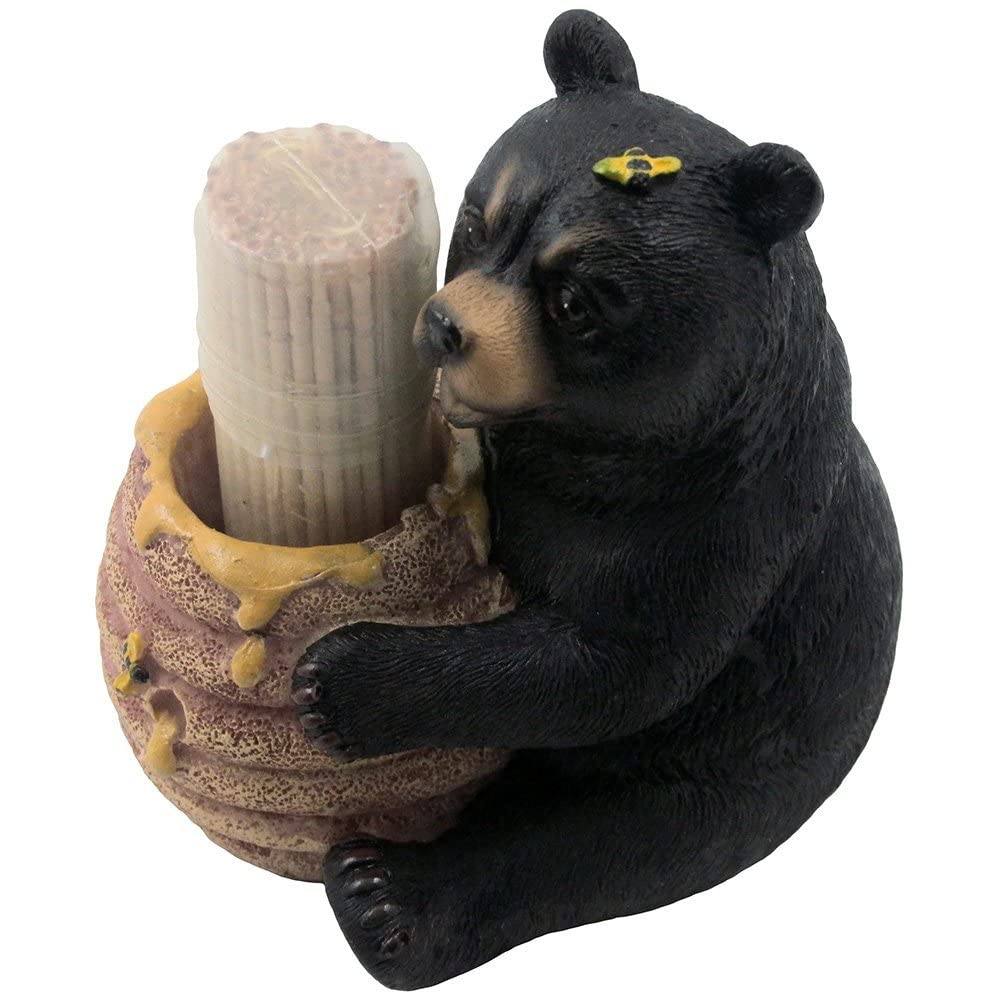 Decorative Black Bear in a Beehive Honey Pot Toothpick Holder Figurine for Cabin or Rustic Lodge Decor Sculptures and Statuettes As Collectible Wildlife Animal Gifts