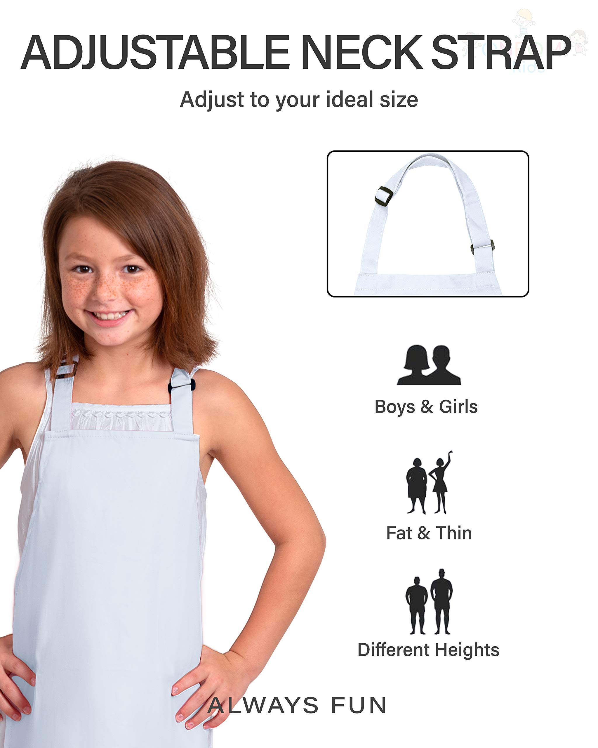 ONEOMI Kids Apron, Medium, 100% Cotton With An Adjustable Strap to fit All Ages, Ideal for Cooking, Baking, Painting, Decorating, Party, Chef, Art and Classroom Children Apron (1, White)