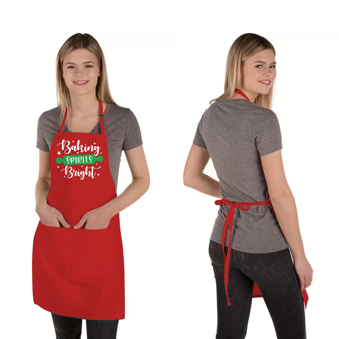 Saukore Funny Christmas Baking Aprons for Women Men Adjustable Kitchen Cooking Aprons with 2 Pockets Cute Thanksgiving Xmas Apron Gift for Bakers - Baking Spirits Bright