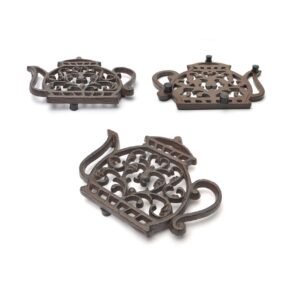 LECUNE Cast Iron Trivets for Hot Dishes - Rustproof Tea Pot Black Trivet - Decorative Cast Iron Trivet for Kitchen Or Dining Table with Rubber Pegs