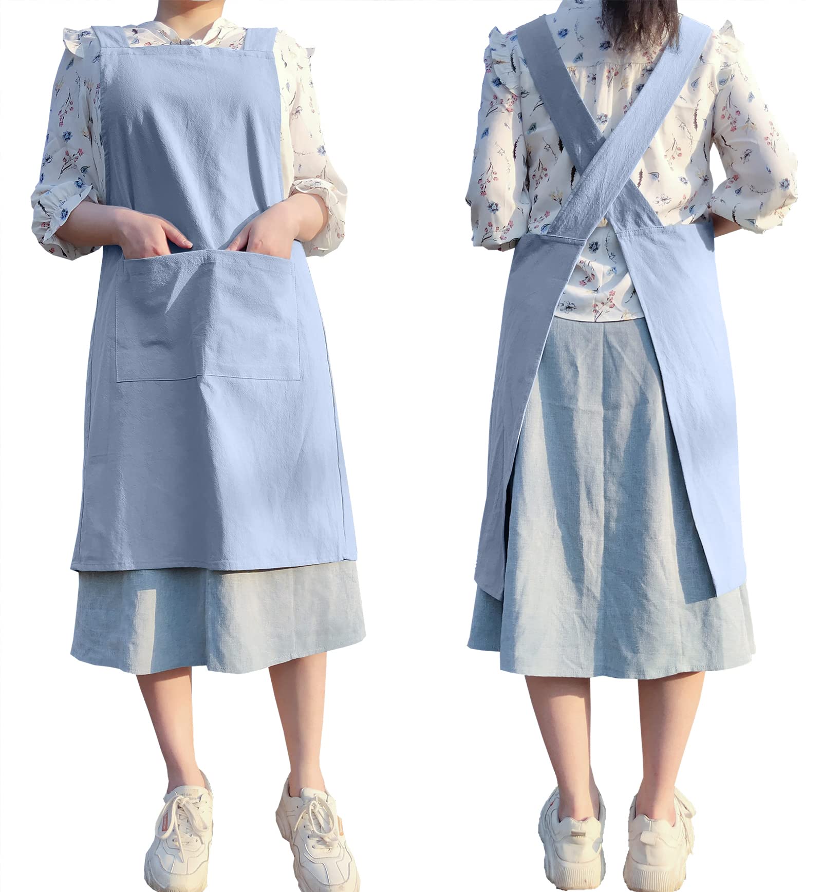 Cotton Cross Back Aprons Solid Color Cook Kitchen Garden Square Smock for Women Girls with Pockets (Blue, 37Wx 32L)