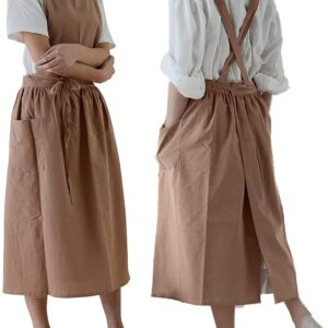 FADUOFA Cotton Linen Apron Japanese Style Waterproof Aprons With Pockets for Kitchen Cafe Flower Shop Smock (Light Brown)