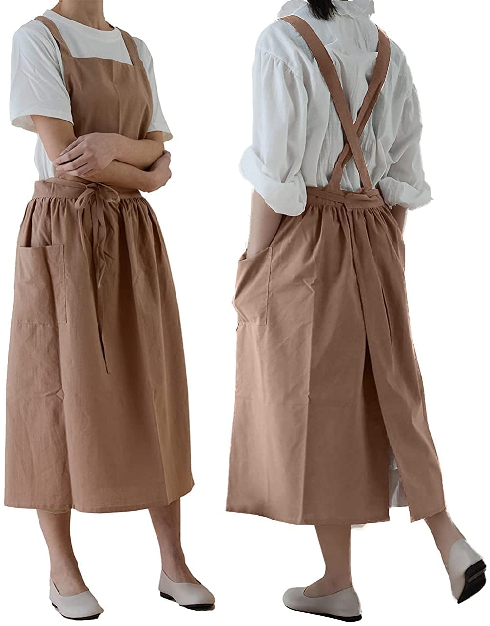 FADUOFA Cotton Linen Apron Japanese Style Waterproof Aprons With Pockets for Kitchen Cafe Flower Shop Smock (Light Brown)