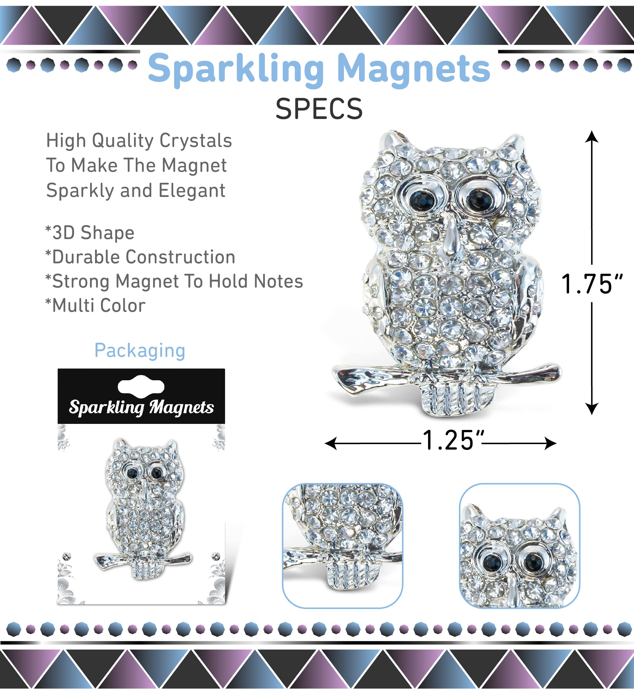 CoTa Global Owl Sparkling Refrigerator Magnet - Silver Sparkling Rhinestones Crystals, Cute Wild Life Animal Bird Magnet For Kitchen Fridge and Locker, Home Decor and Cool Office Decor Novelty - 1.75"