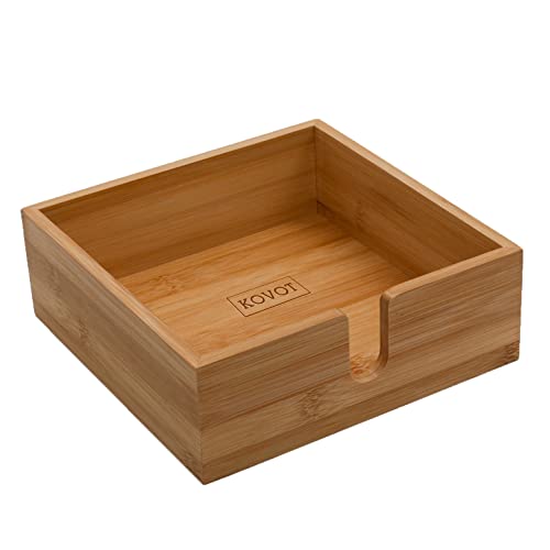 KOVOT Bamboo Napkin Holder – 7"W x 7"W Flat Square Natural Wooden Napkin Tray – Table Top Decorative Tissue Paper Dispenser for Kitchen, Luncheon & Dining Table