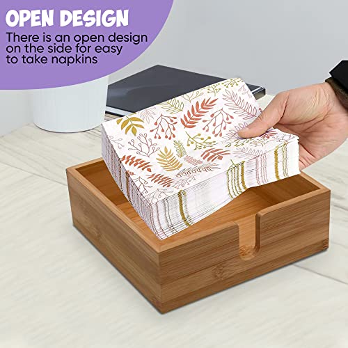 KOVOT Bamboo Napkin Holder – 7"W x 7"W Flat Square Natural Wooden Napkin Tray – Table Top Decorative Tissue Paper Dispenser for Kitchen, Luncheon & Dining Table