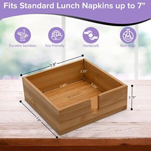 KOVOT Bamboo Napkin Holder – 7"W x 7"W Flat Square Natural Wooden Napkin Tray – Table Top Decorative Tissue Paper Dispenser for Kitchen, Luncheon & Dining Table