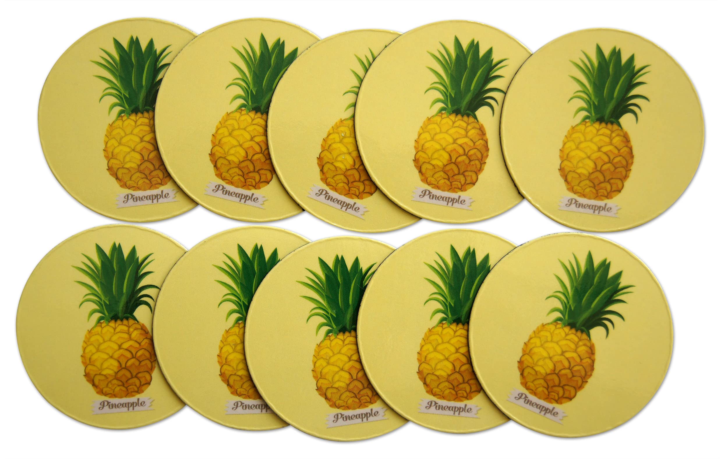 Novel Merk Pineapple Fruit Refrigerator Magnets, Small Circle Leaf & Banner Design for Fridge, Gifts, Decor, Party Favors, Prizes (10 Pack), Yellow Green, 2 Inch